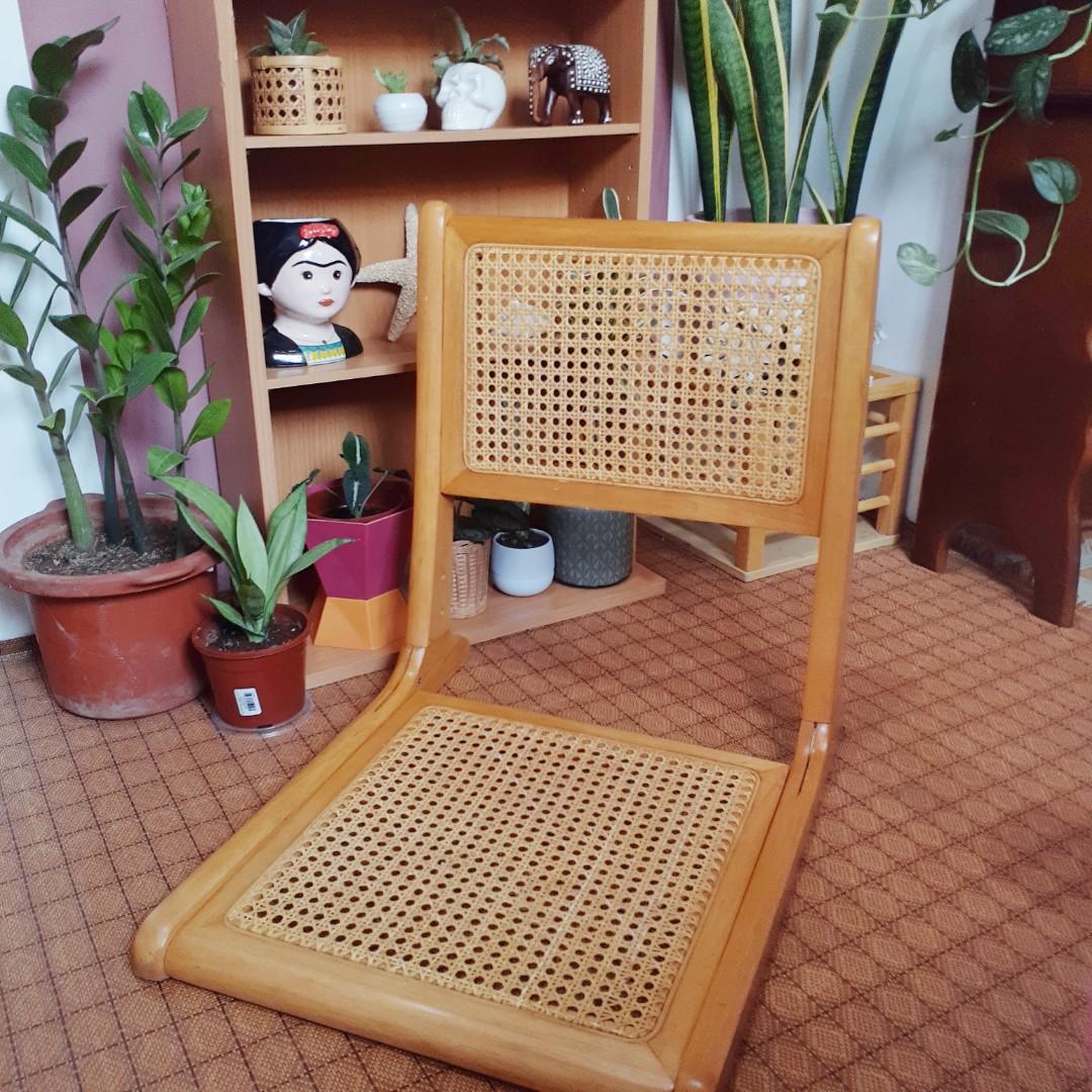 Pair of vintage solihiya rattan cane solid wood folding floor chairs ...