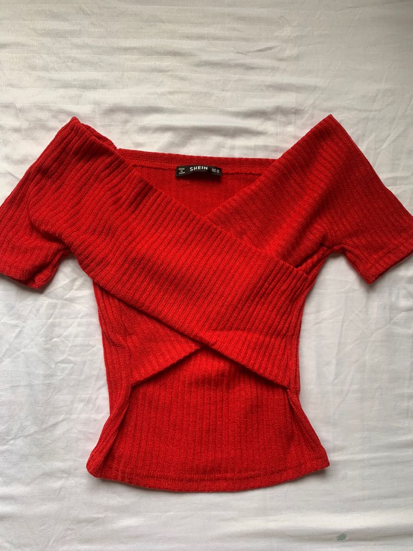 SHEIN Cross over bardot ribbed top, Women's Fashion, Tops, Others Tops ...