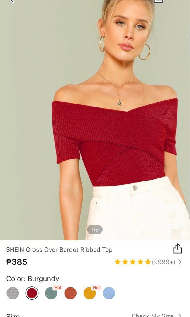 SHEIN Cross over bardot ribbed top, Women's Fashion, Tops, Others Tops ...