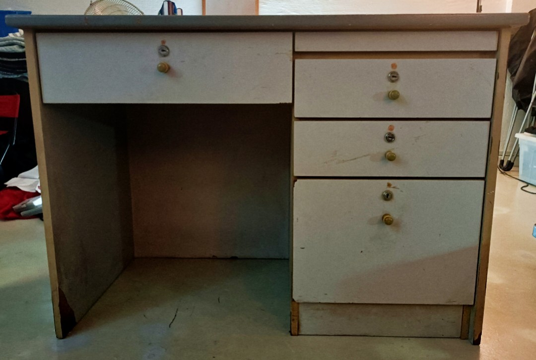 Old school grey wooden office table to let go., Furniture & Home Living ...