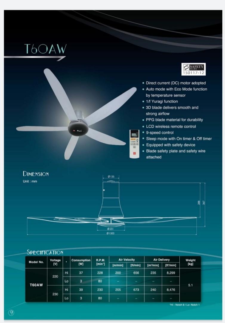 KDK T60AW Ceiling Fan, Furniture & Home Living, Lighting & Fans, Fans ...
