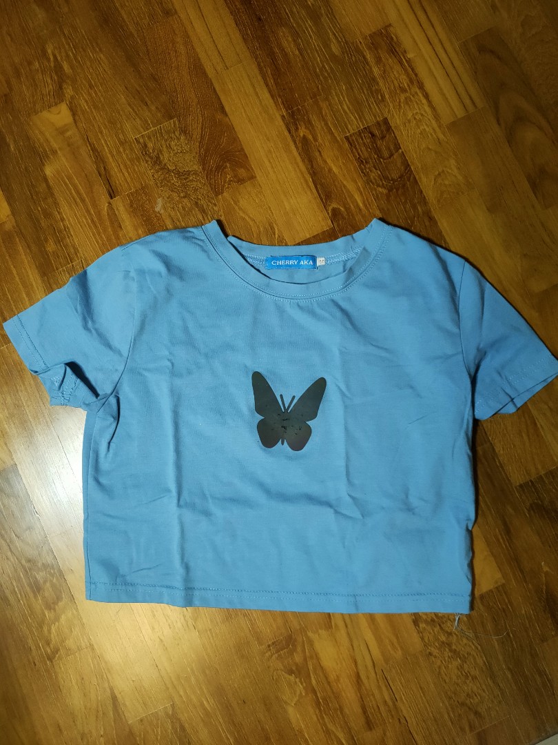 [ instock ] reflective blue butterfly crop top, Women's Fashion, Tops ...