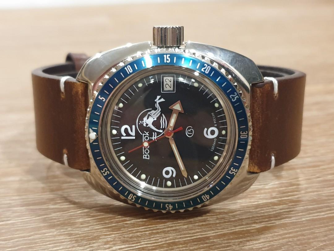 Modded Vostok Amphibia 710 Dive Watch with blue bezel mod 15/-. Leather ...