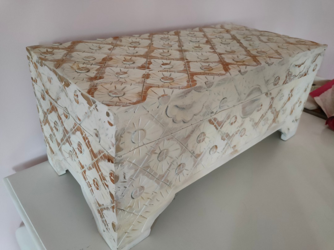 antique vintage teak wood kayu jati off white treasurer box floral ...