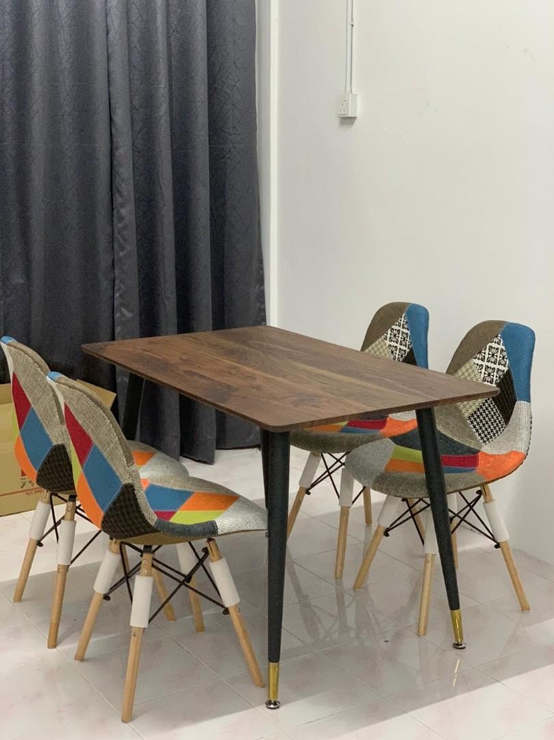 New stock gold leg dining table 4 pax solid wood working table set meja ...