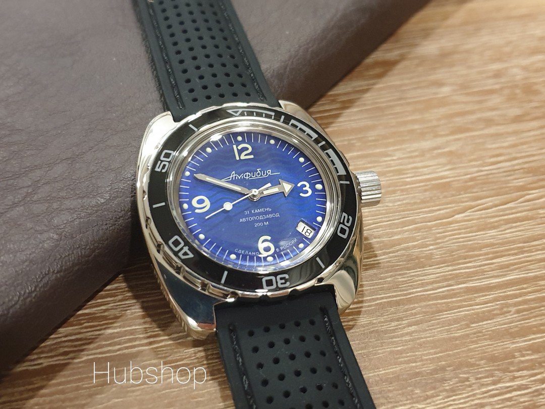 Vostok Amphibia automatic watch. Blue "Omega" wave dial. Free delivery ...
