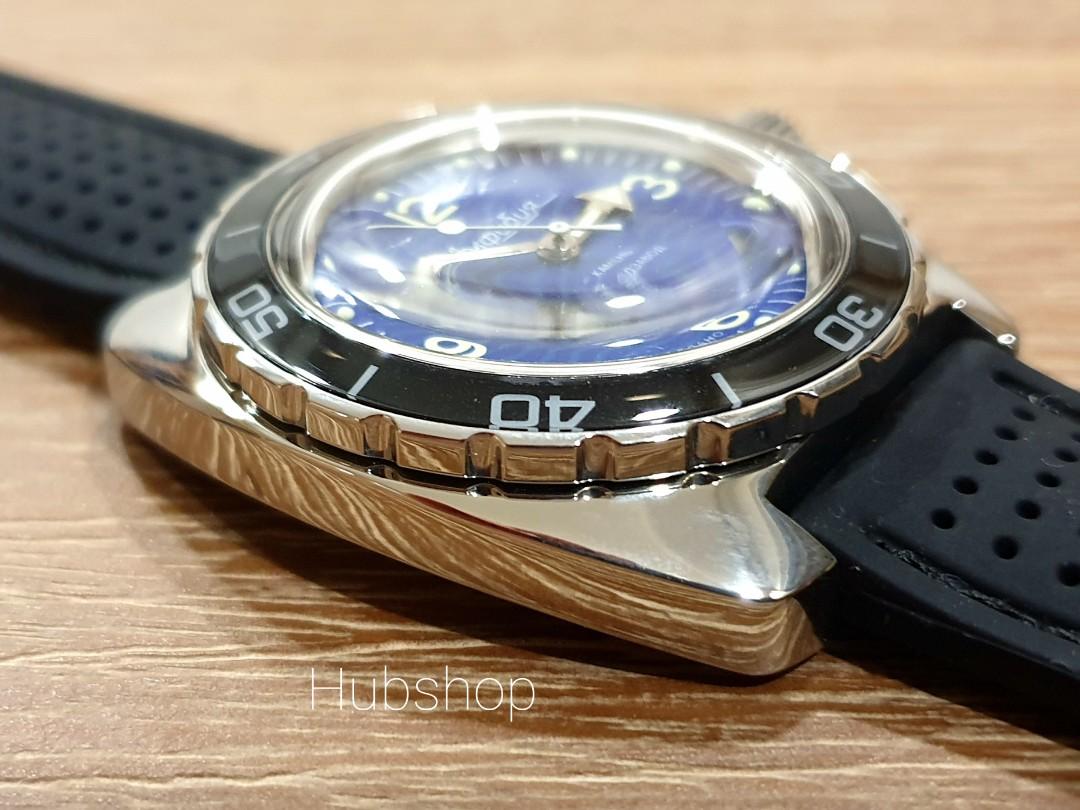 Vostok Amphibia automatic watch. Bezel mod add 15/- Blue "Omega" wave ...