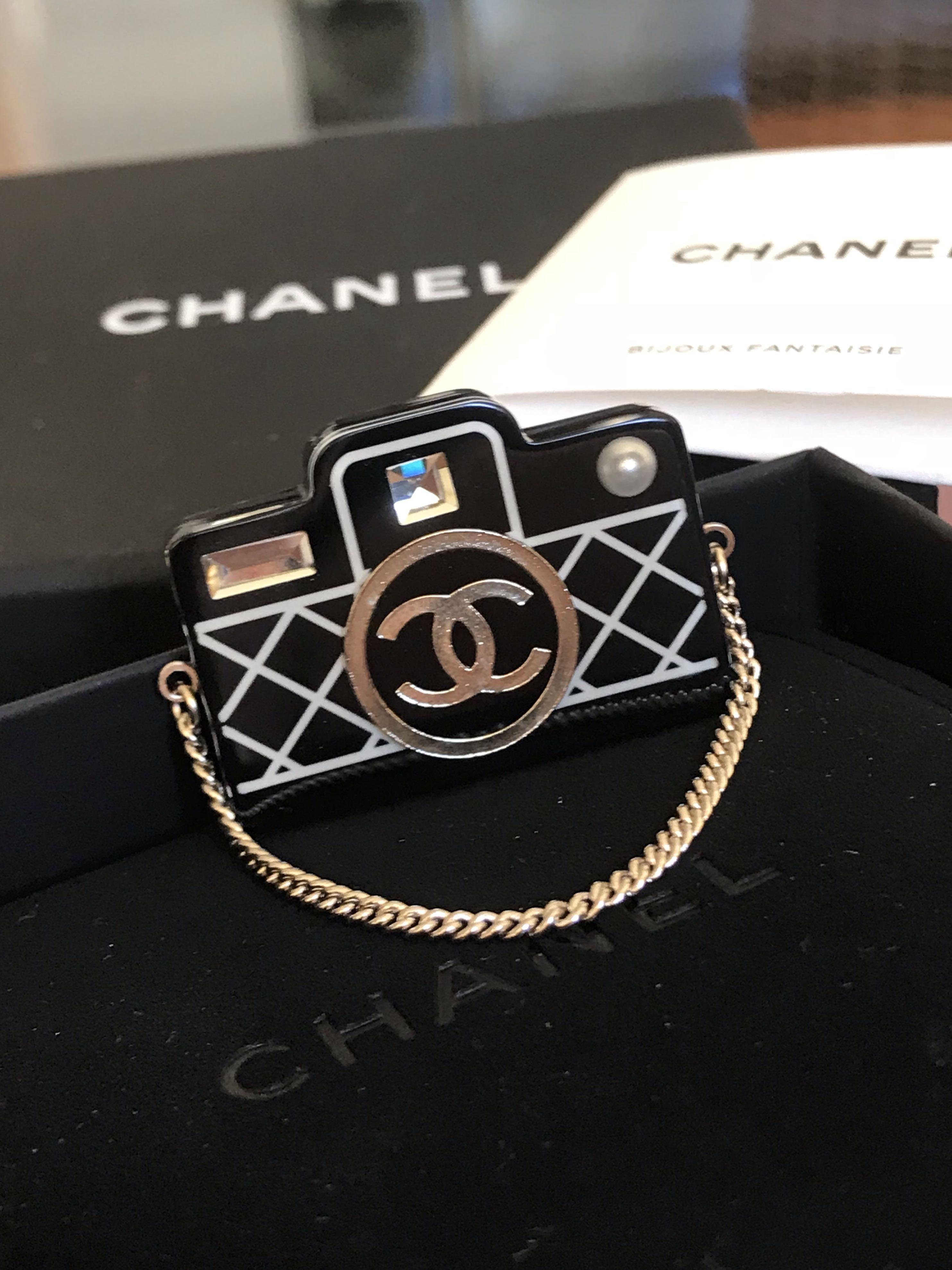 Brand new Chanel camera brooch with pearl crystals