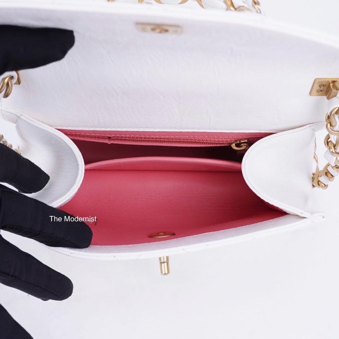 Authentic Chanel White Mini Flap Bag with Top Handle Crumpled Lambskin ...