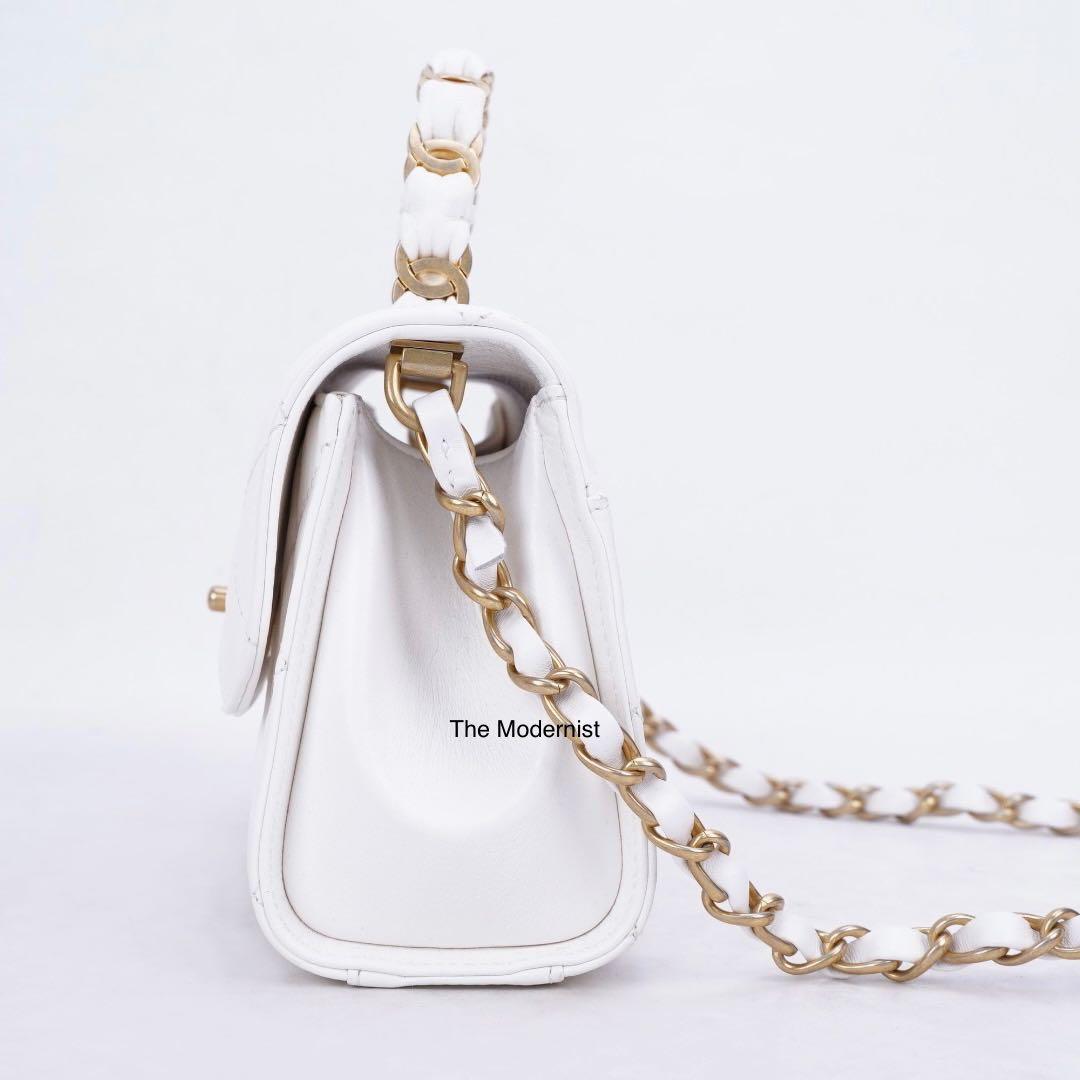 Authentic Chanel White Mini Flap Bag with Top Handle Crumpled Lambskin ...