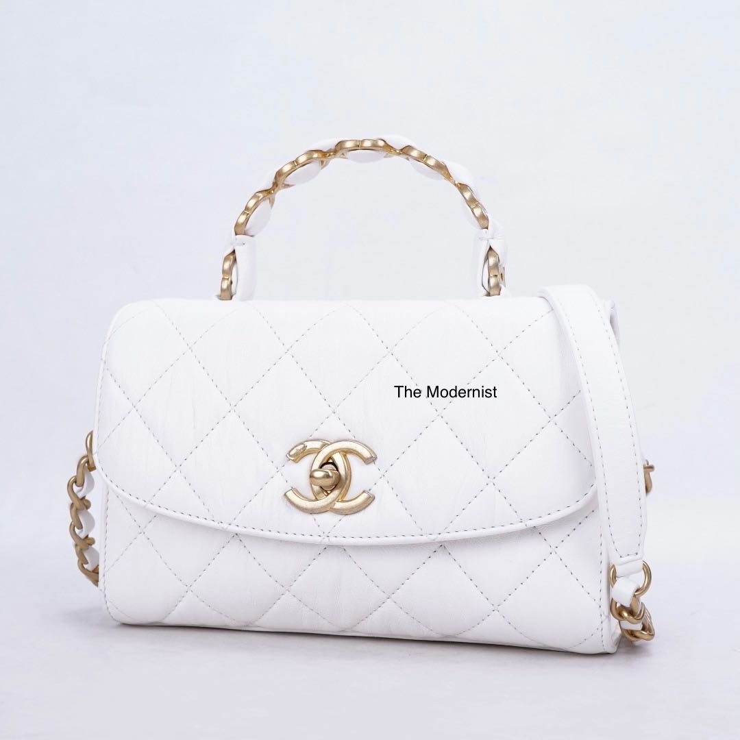 Authentic Chanel White Mini Flap Bag with Top Handle Crumpled Lambskin AS2477, Luxury, Bags ...