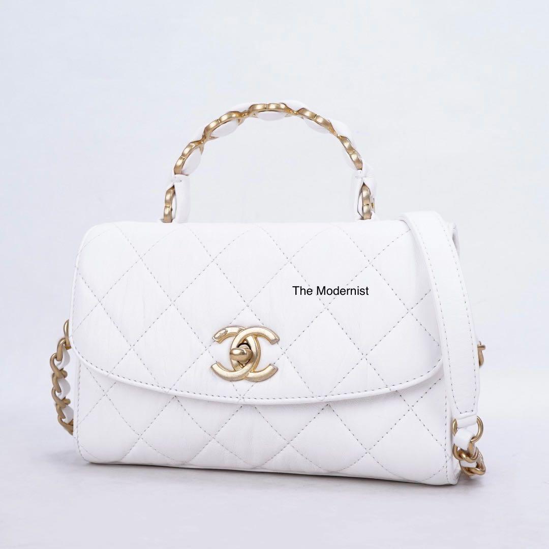 Authentic Chanel White Mini Flap Bag with Top Handle Crumpled Lambskin ...