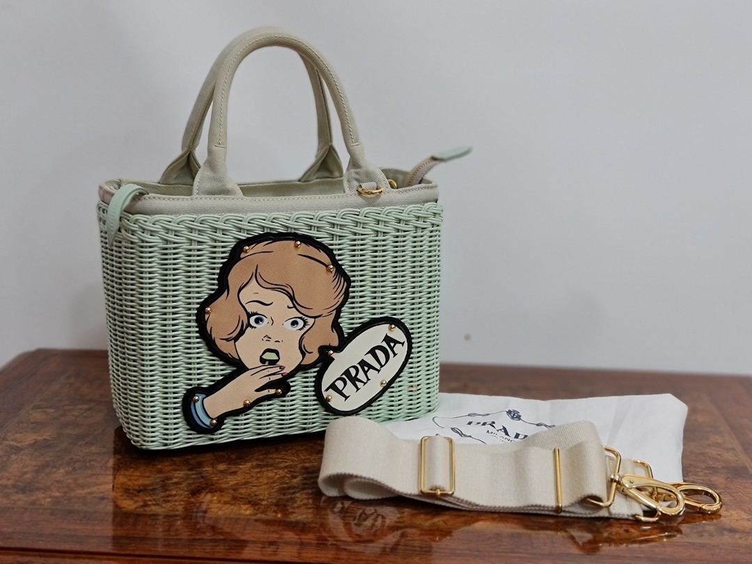 Authentic Prada comic basket wicker with canapa & applique bag, Luxury ...