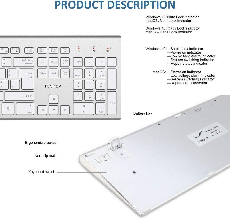 "FENIFOX Wireless Keyboard & Mouse Set, Dual System Switching Ergonomic ...