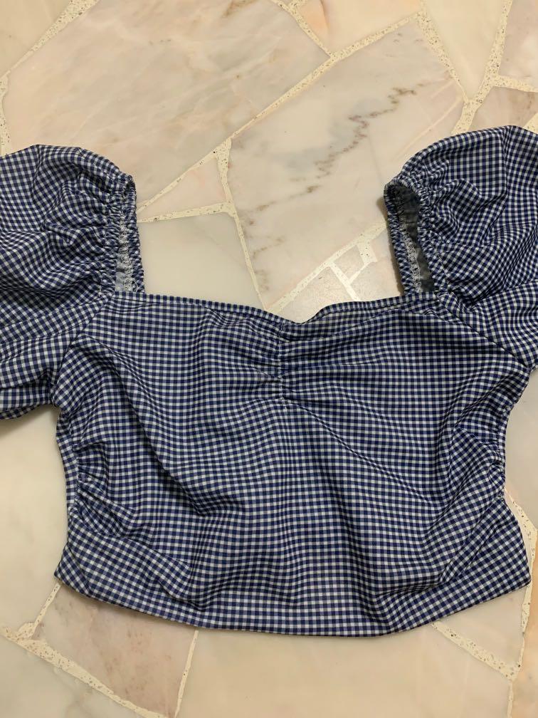 Ulzzang Dark Blue square-neck gingham crop top, Women's Fashion, Tops ...