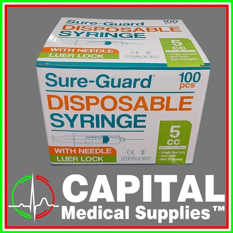Sure-Guard, Disposable Syringe, With Needle Luer Lock, 5cc, 23G x 1 ...