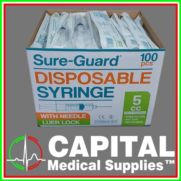 Sure-Guard, Disposable Syringe, With Needle Luer Lock, 5cc, 23G x 1 ...