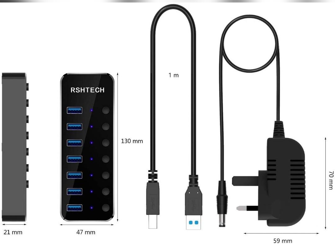 USB Hub Powered RSHTECH 7 Port USB 3.0 Data Hub, USB Splitter, Computers & Tech, Parts ...