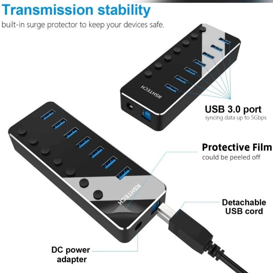 USB Hub Powered RSHTECH 7 Port USB 3.0 Data Hub, USB Splitter, Computers & Tech, Parts ...