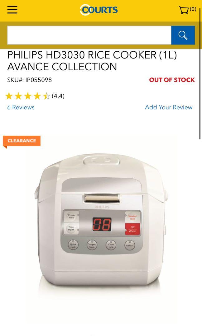 PHILIPS HD3030 RICE COOKER (1L) AVANCE COLLECTION, TV & Home Appliances ...