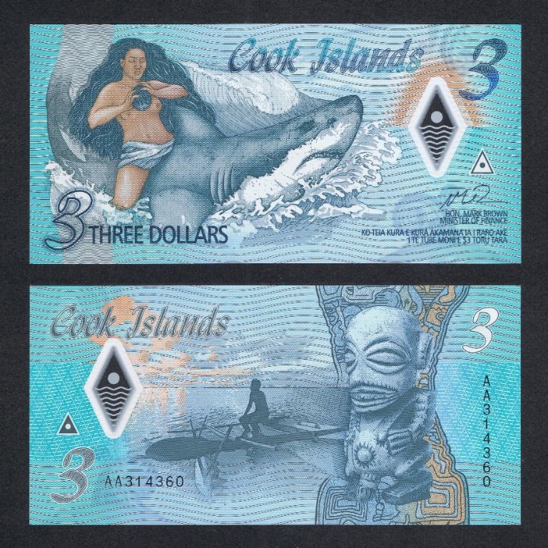 2021 COOK ISLANDS 3 DOLLARS POLYMER P-11 UNC > INA SHARK LEGEND CANOE ...