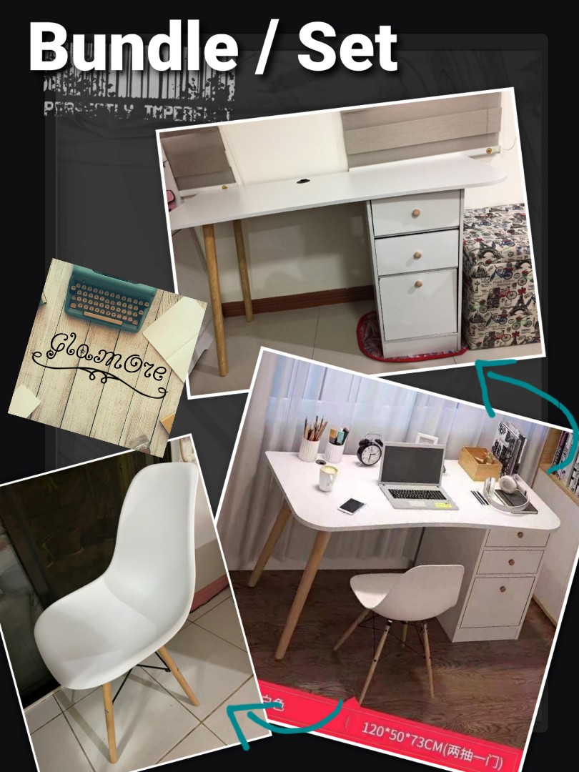 Bundle Set Scandi Table with Drawer and Chair White Color, Furniture ...