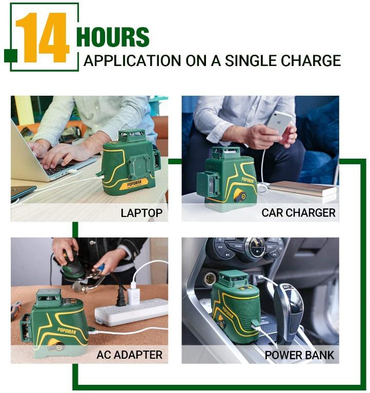 POPOMAN Laser Level Green 2x360°, Line laser rechargeable with Lithium ...