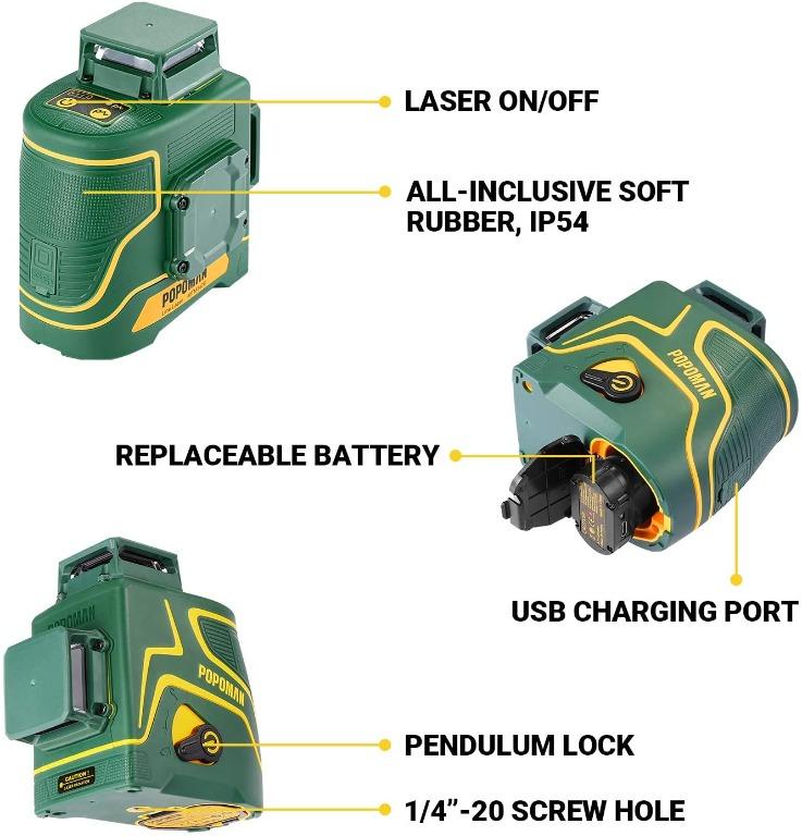 POPOMAN Laser Level Green 2x360°, Line laser rechargeable with Lithium ...