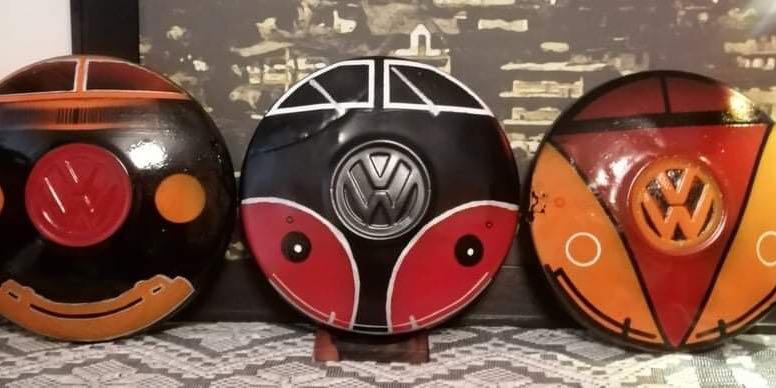 Red Recycled/repurposed VW hubcaps for display, Hobbies & Toys ...