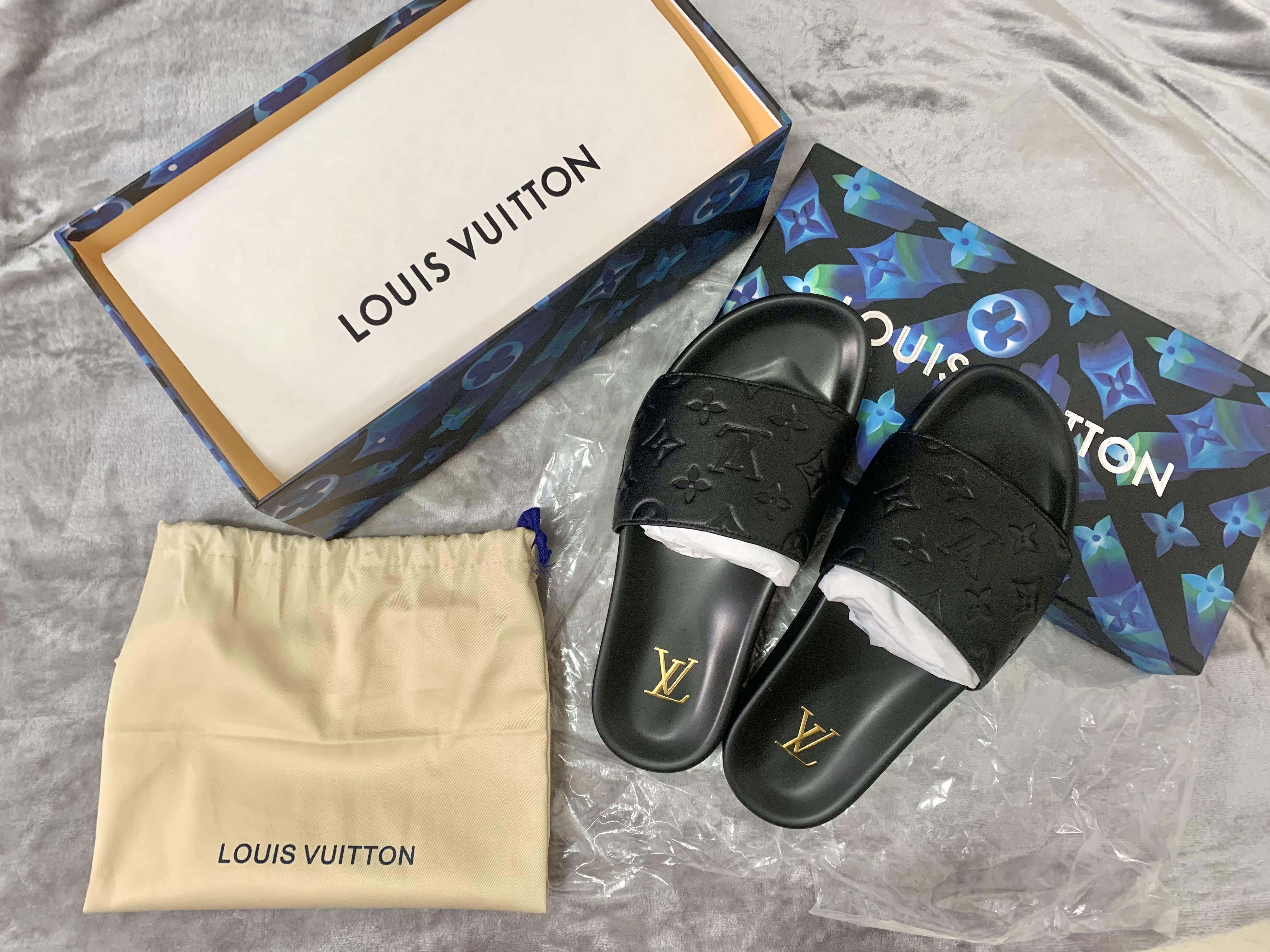 LOUIS VUITTON black slides, Women's Fashion, Footwear, Sandals on Carousell