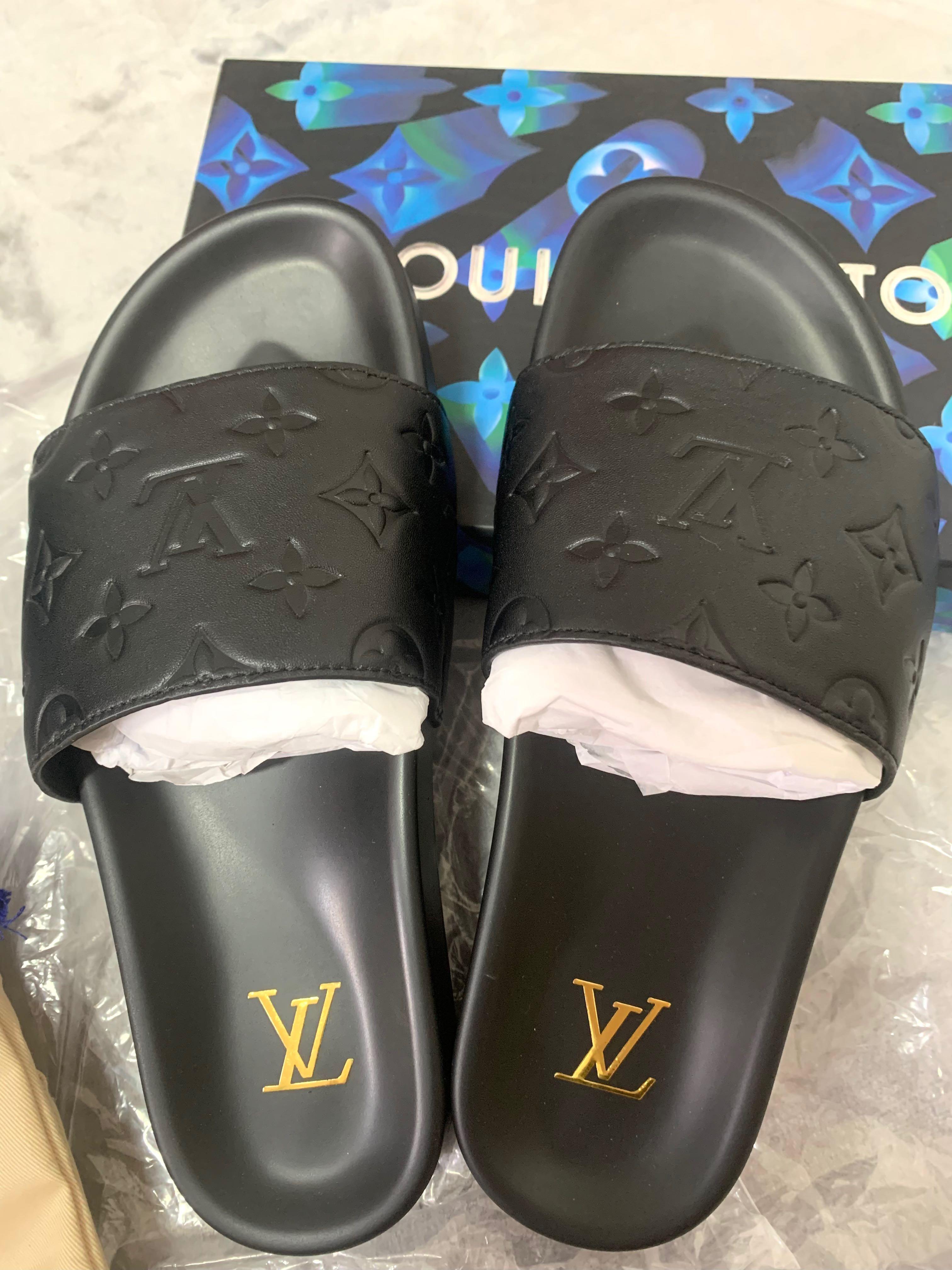LOUIS VUITTON black slides, Women's Fashion, Footwear, Sandals on Carousell