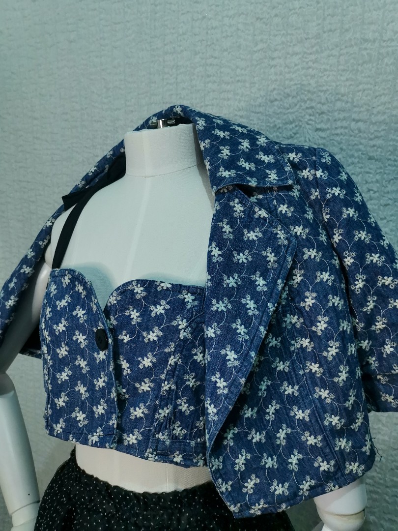 Embroidery top corset and jacket coordinate set denim top brasier ...