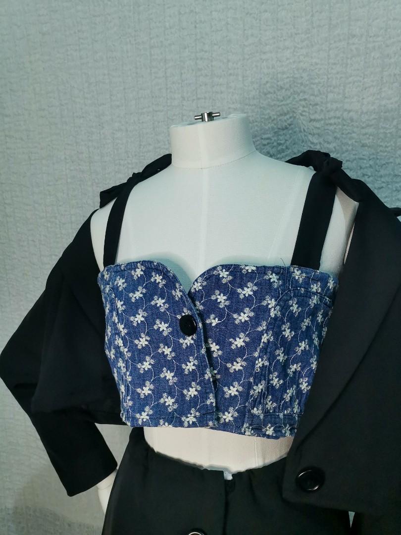 Embroidery top corset and jacket coordinate set denim top brasier ...