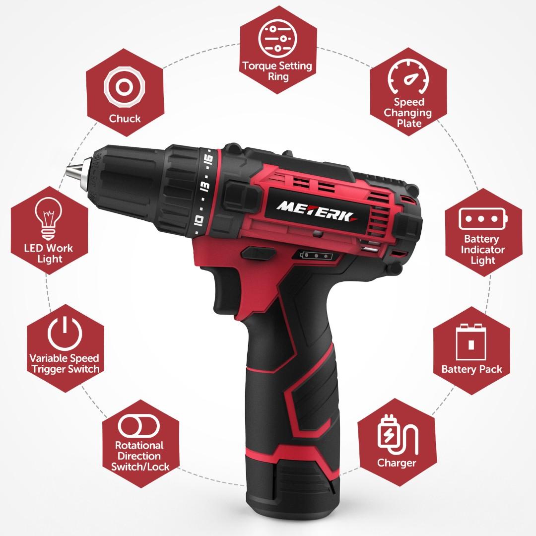 Full set Meterk 12V Cordless Drill Driver Kit Lithium-Ion Battery ...