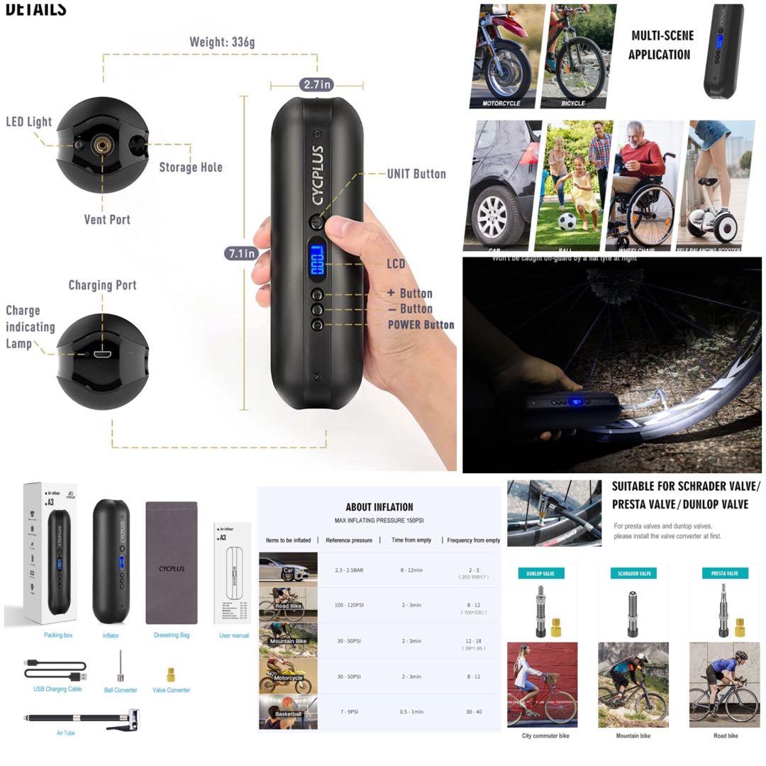 CYCPLUS A3 Tire Pump Electric 150PSI Air Inflator Cordless Compressor ...