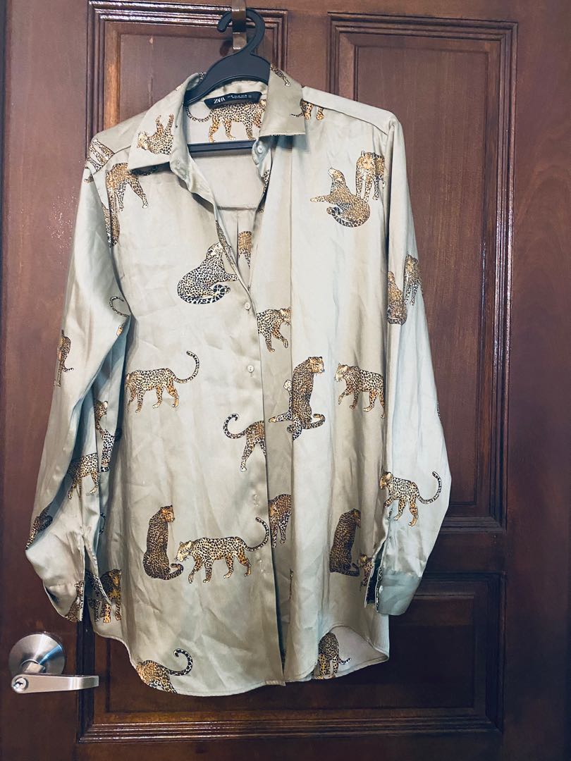 ZARA Leopard Silk Shirt, Women's Fashion, Tops, Shirts on Carousell