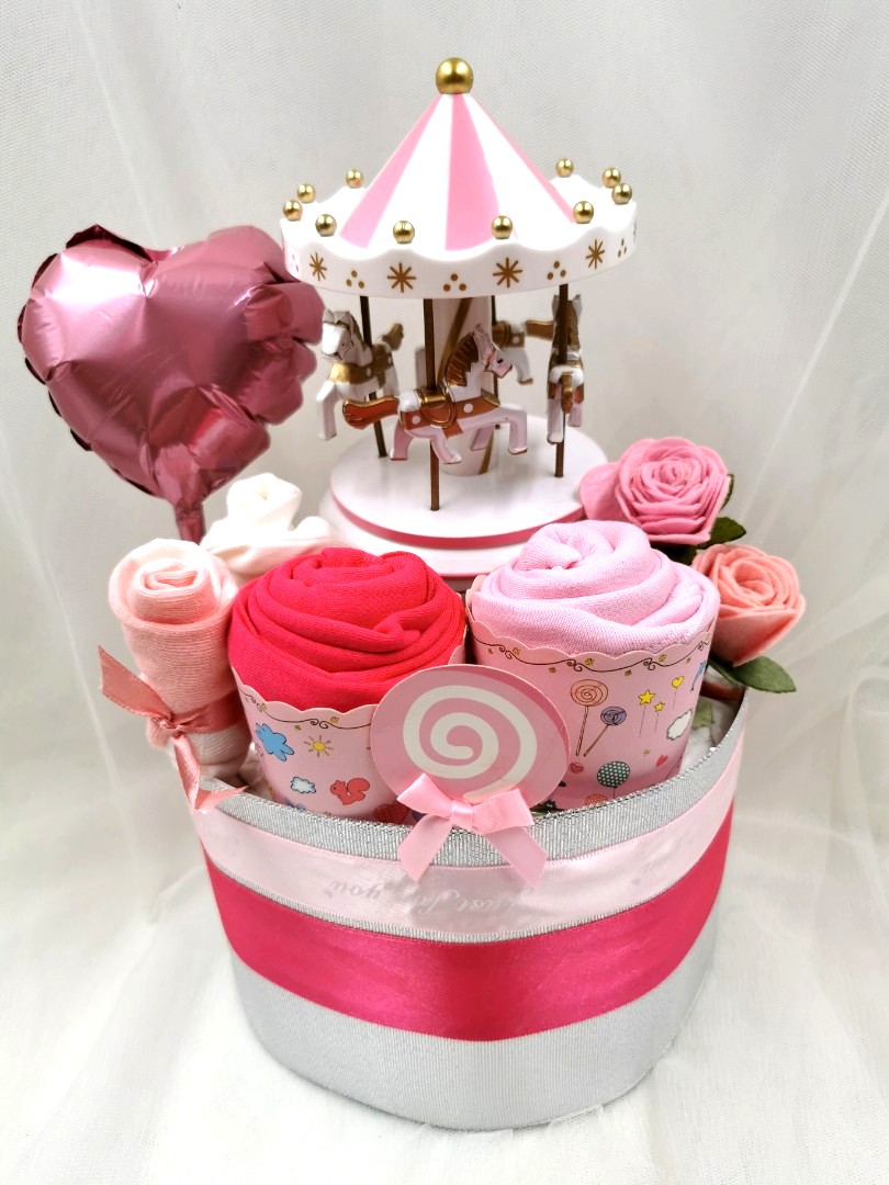 Diaper Cake Baby Girl Carousel Music Box Gift Set, Babies & Kids ...