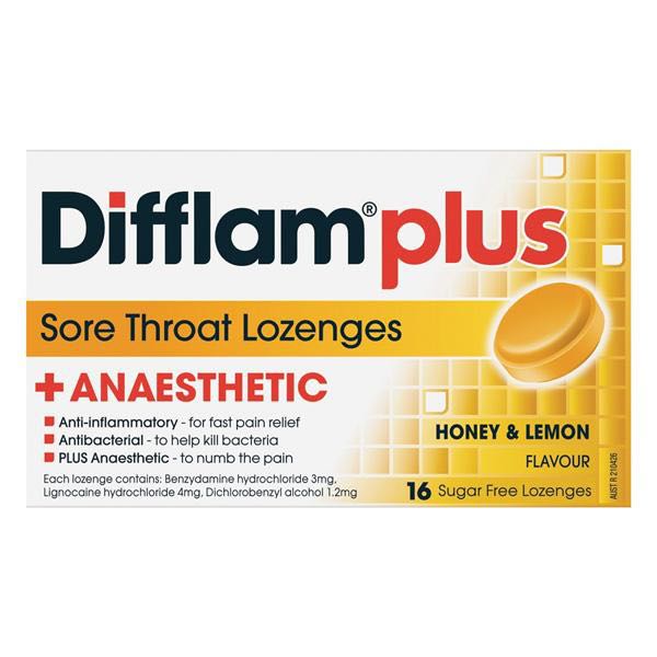 Difflam Plus Anaesthetic Sore Throat Lozenges Honey Lemon, Health ...