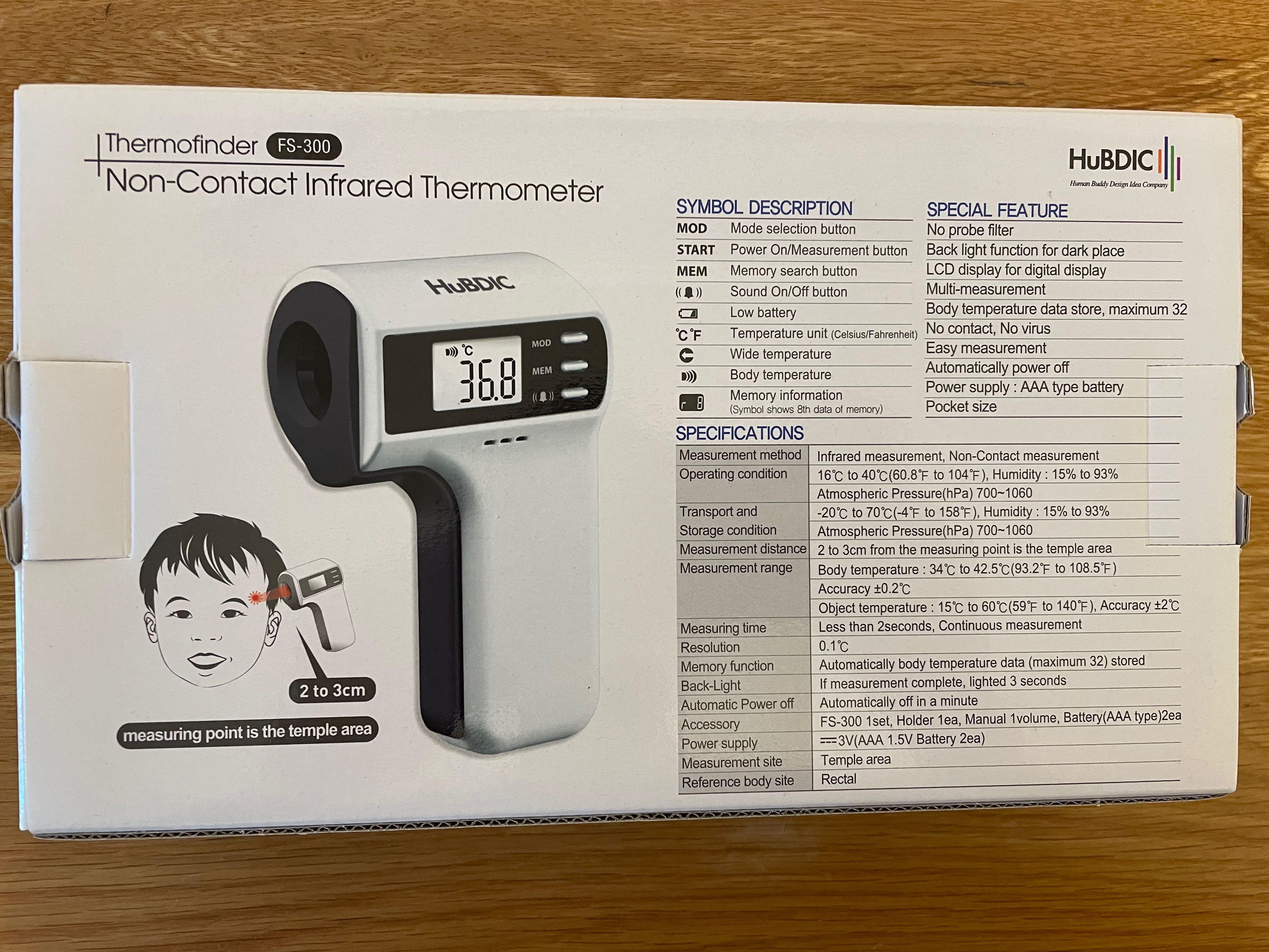 HuBDIC FS-300紅外線額溫計 Non- Contact Infrared Thermometer, 健康及營養食用品, 溫度計 ...