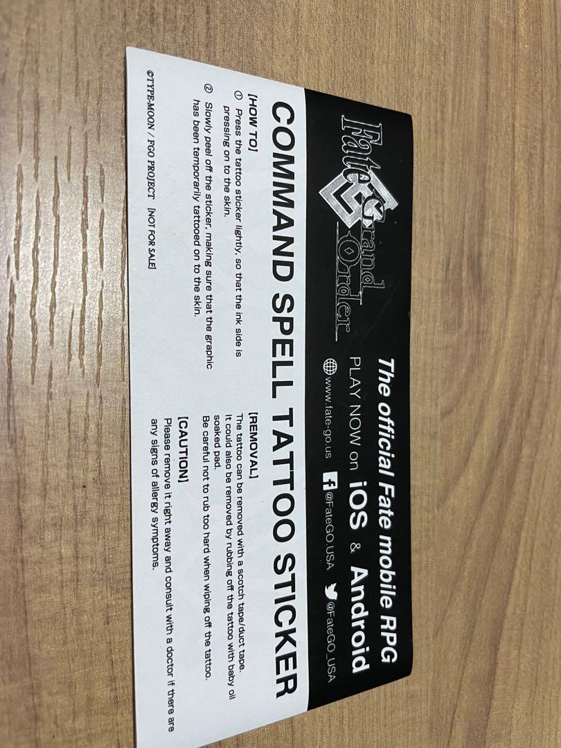 Fate Tattoo Command Spell Tattoo Sticker, Hobbies & Toys, Toys & Games ...