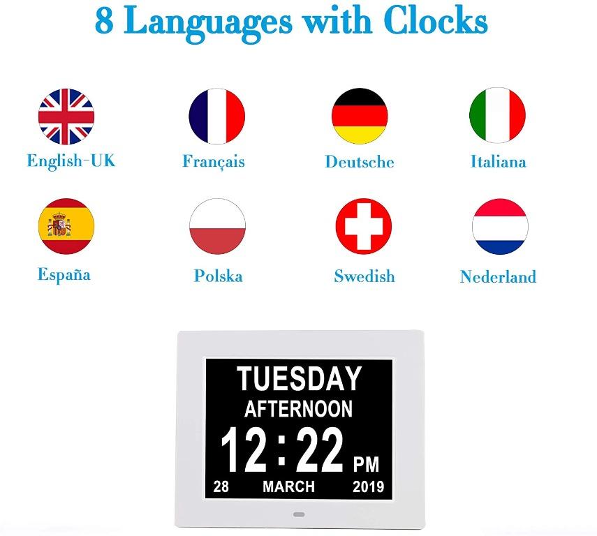 "8 Inch Digital Day Calendar Clock- 8 Alarm Reminders Extra Large Non ...