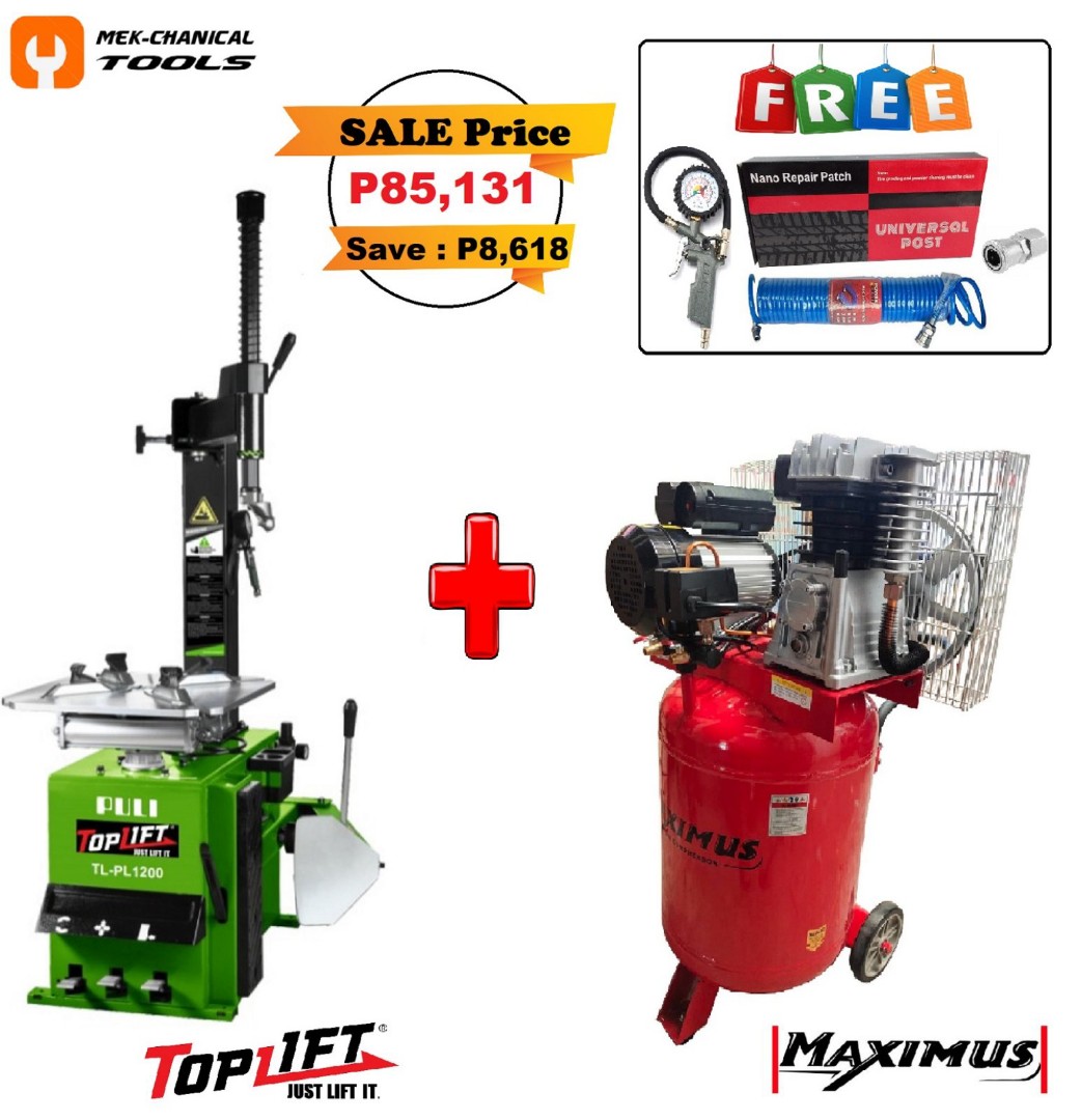 TopLift Tire Changer 24" Semi Automatic with Maximus Air Compressor 2HP ...