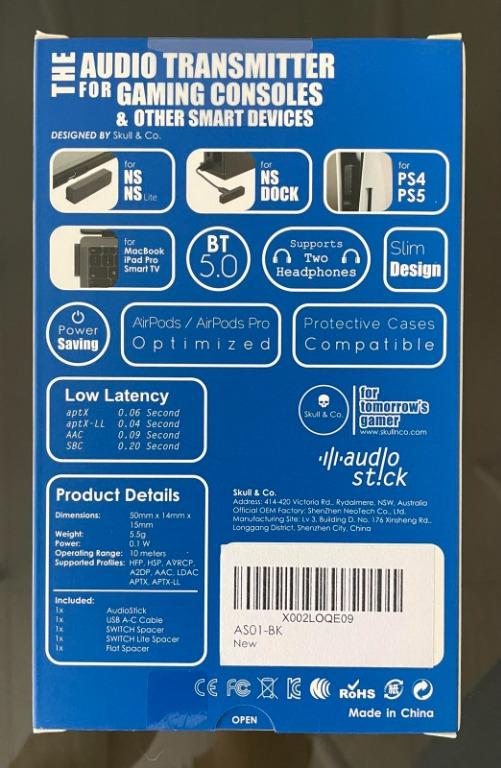 Skull & Co AudioStick BT 5.0 Transmitter for NSW Nintendo Switch, Audio ...
