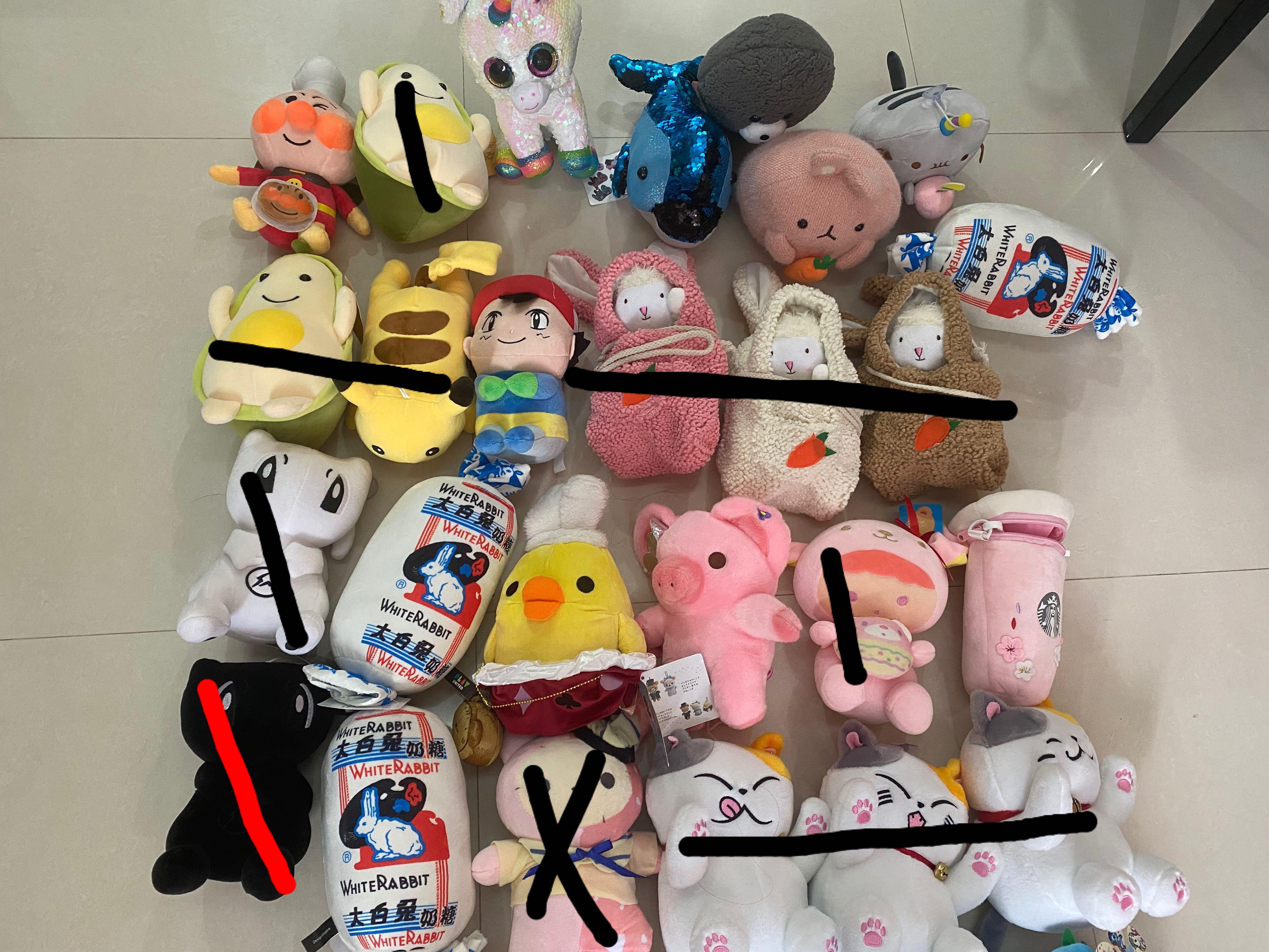 Assorted soft toys plushies - white rabbit sweet, tokidoki, thunderbolt ...