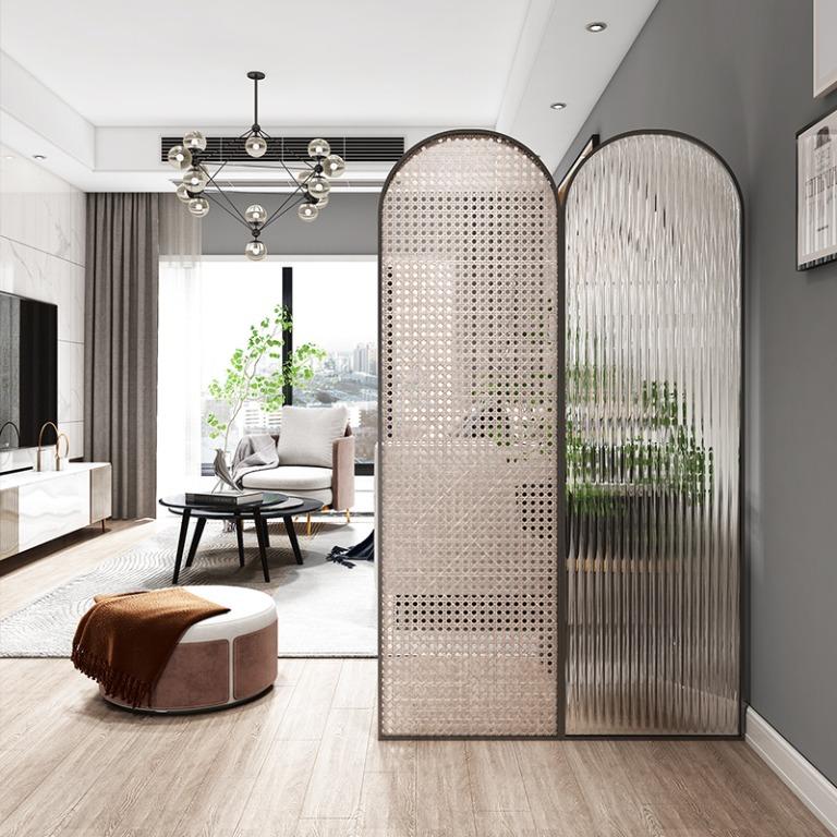 Nordic Style Reeded Glass n Rattan Partition Room Divider, Furniture ...
