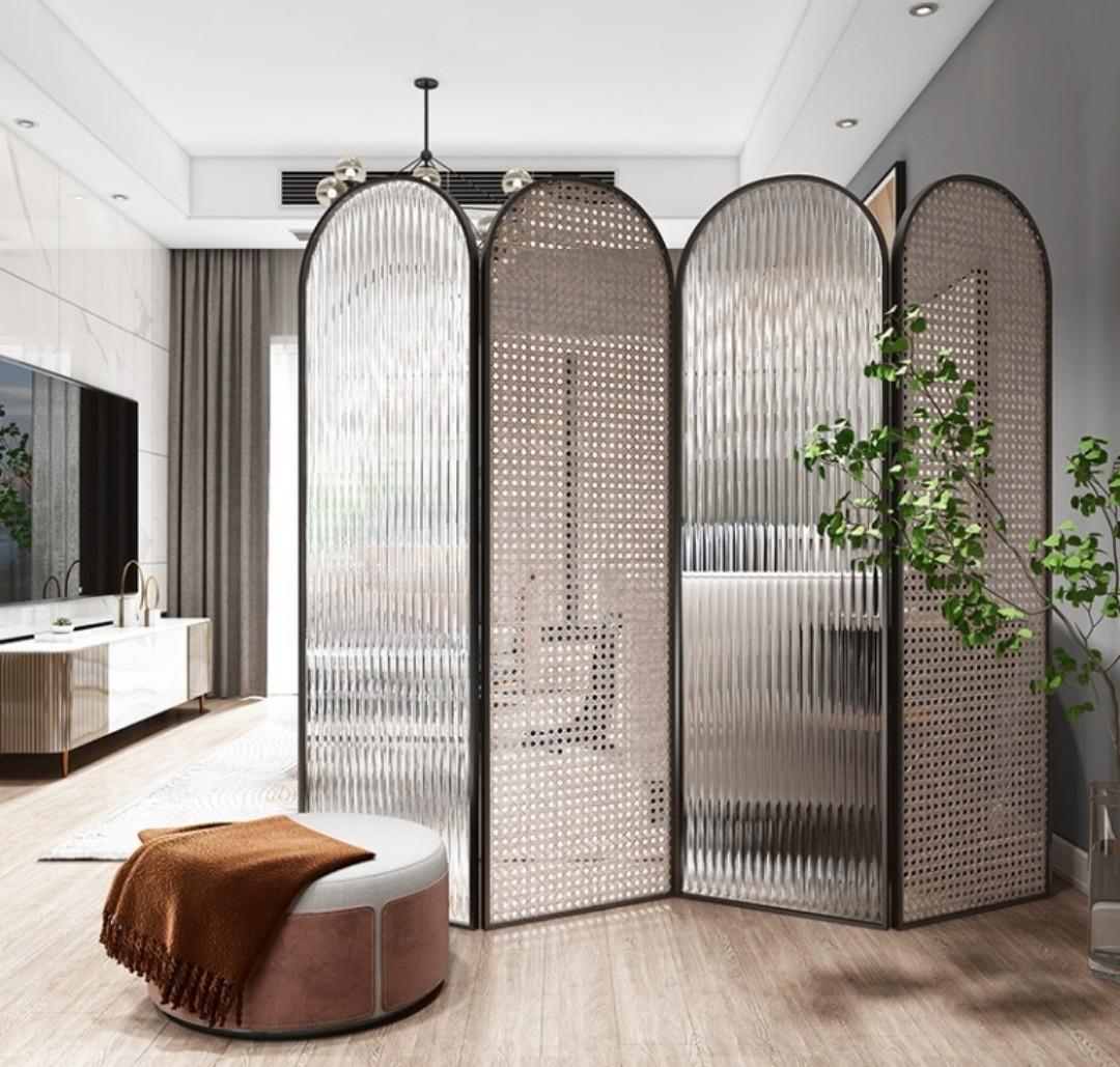 Nordic Style Reeded Glass n Rattan Partition Room Divider, Furniture ...