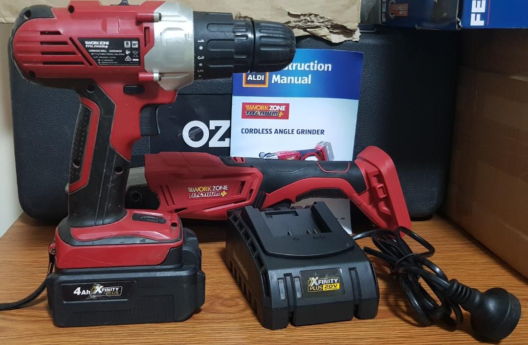 Workzone 20v cordless angle grinder and drill driver set, Commercial ...