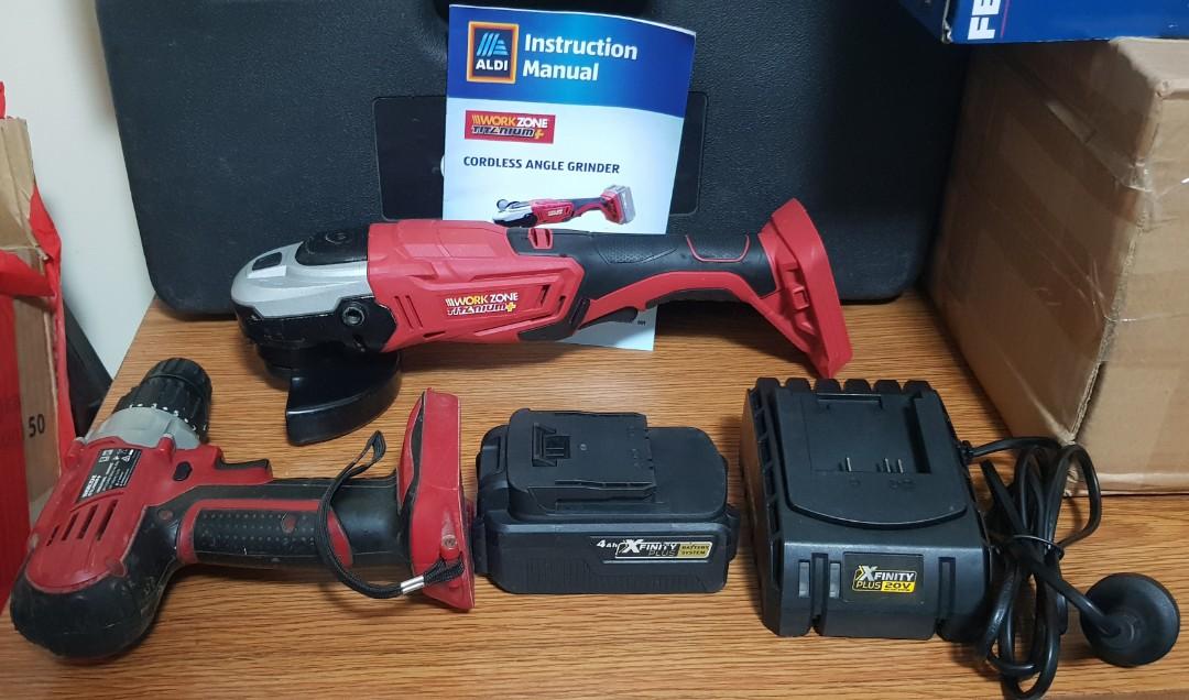 Workzone 20v cordless angle grinder and drill driver set, Commercial ...