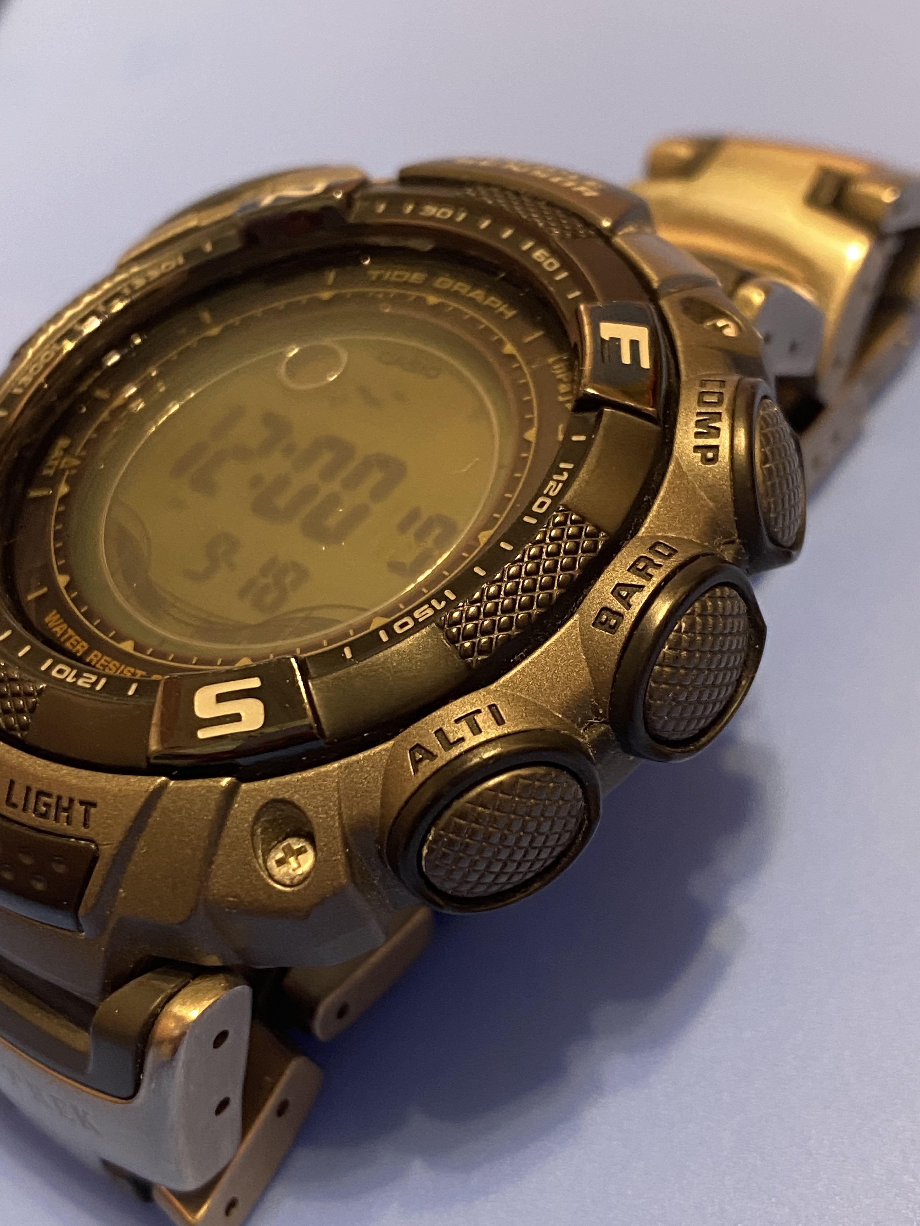 CASIO Pro Trek Triple Sensor Tough Solar, Moon Phase, World Time PRG-130T-7V (Titanium), 名牌, 手錶 ...