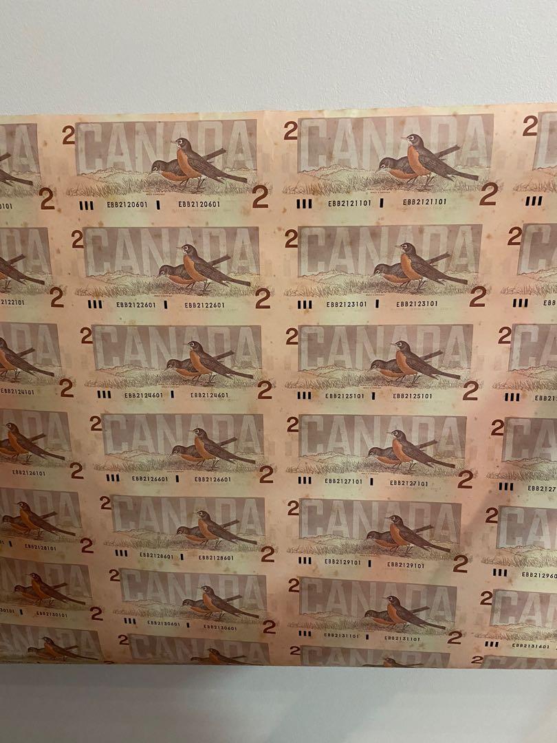 Uncut 1986 Canadian $2 Notes (Qty 40). Queen Elizabeth II as the ...